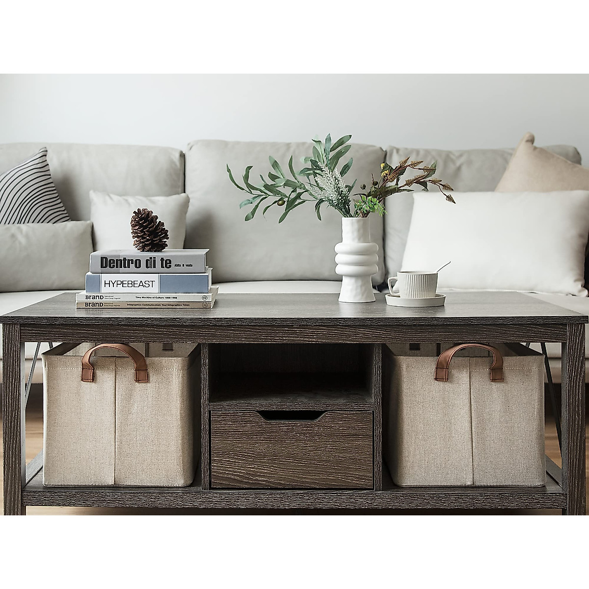 StorageWorks Storage Baskets for Shelves with Metal Frame, Organizing Basket, Shelf Baskets, Brown and Beige, 4-Pack