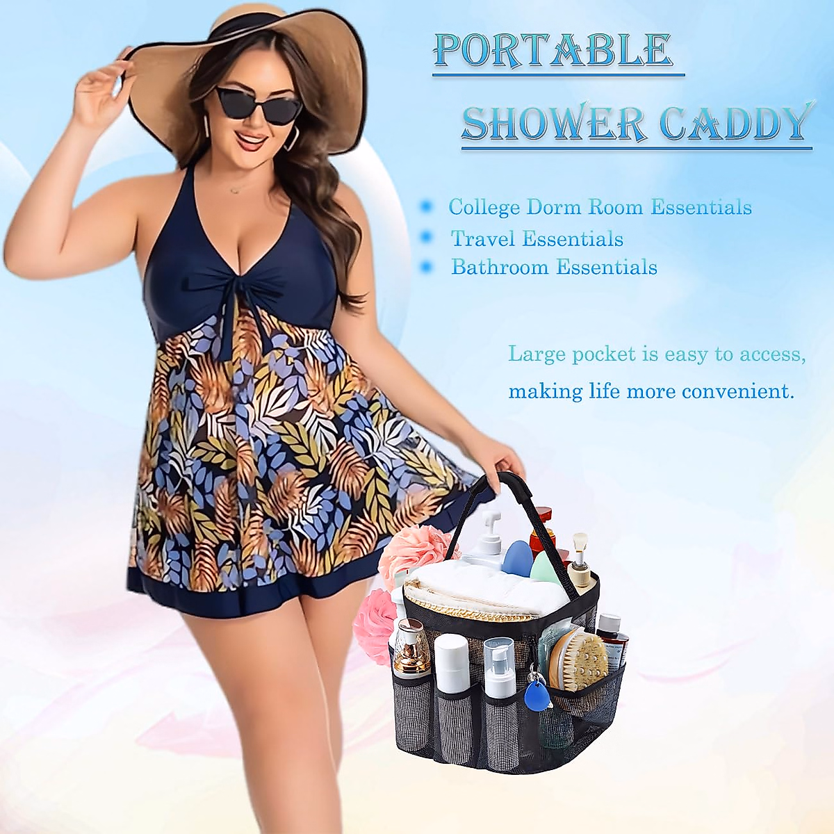 Mesh Shower Caddy Portable for College Dorm Room Essentials, 8-Pocket Large Capacity Shower Tote Toiletry Bag Basket, Quick Dry Hanging Shower Organizer for Bathroom, Gym, Camp, Travel, Cruise, Beach