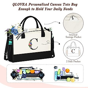 QLOVEA Initial Canvas Beach Tote Bag for Women,Monogrammed Present Tote Bag with Strap and Pockets, Personalized Birthday Wedding Gifts for Mom, Teacher, Friends, Bridesmaids, Nurse Letter L