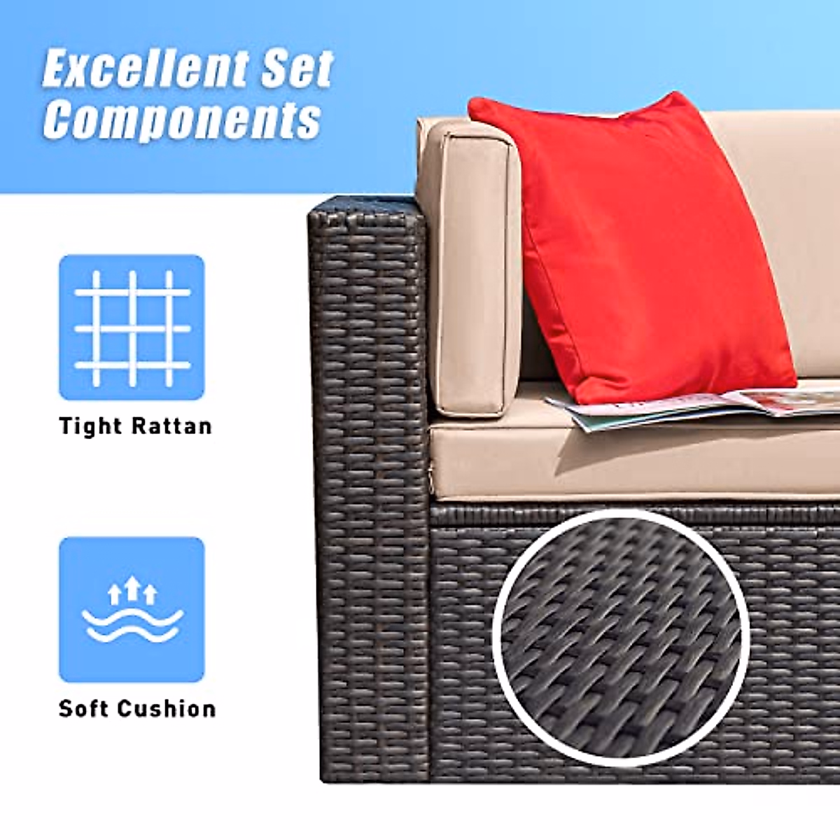 Greesum GS-LCRF5-1OT0-1AS0-BG 5 Pieces Patio Furniture Sets Outdoor-Indoor Sectional Wicker Rattan Sofa with Cushions, Pillows & Glass Table, Light Beige