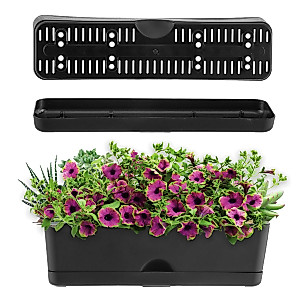 5 Pack Window Boxes Planters 16 Inches Rectangular Planter Herb Planter Boxes Large Plastic Flower Pots Rectangle Black Planter Outdoor and Indoor Succulent Window Sill Planter Self Watering Pots