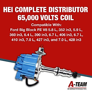 A-Team Performance - HEI Complete Distributor 65,000 Volts Coil - Compatible With Big Block Ford FE V8 352 360 390 406 410 427 428 One-Wire Installation Blue Cap