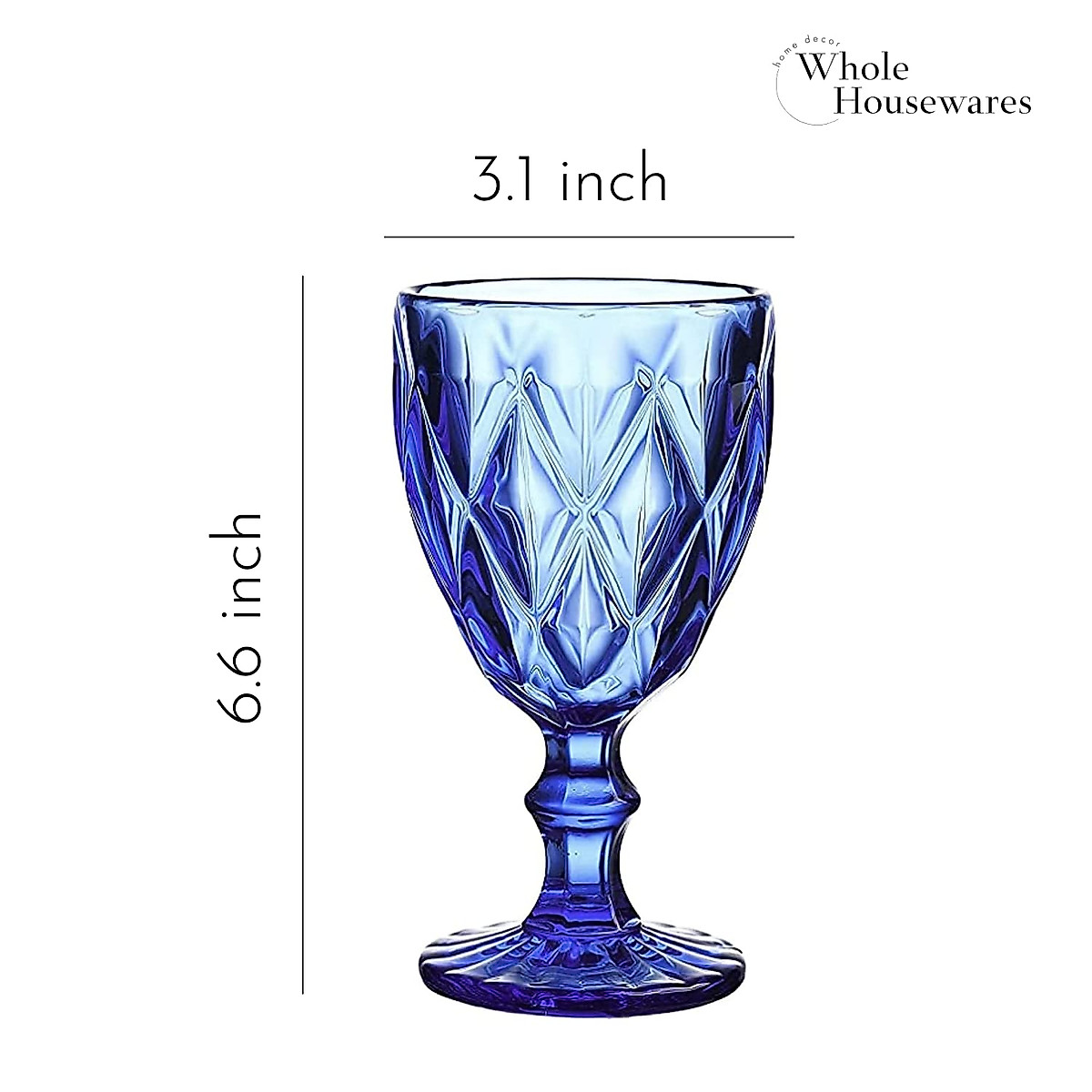 WHOLE HOUSEWARES | Goblet Glass Drinkware Set | Vintage Drinking Cups | 9.5oz Water Goblets Glasses | Set of 6 Colored Glassware for Kitchen | For Wedding or Parties | Cobalt Blue Diamond Pattern