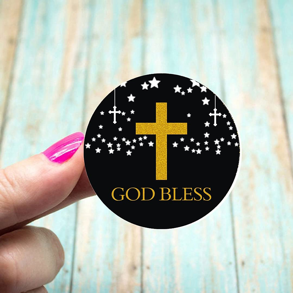 Fedyufook Black and Gold Cross Stickers God Bless Sticker Labels for Religious Baptism, Confirmation, Christening, First Communion - 2 Inches - 50 Count