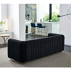 Melpomene Vertical Channel Tufted Velvet Sofa with Round Arm and Gold Metal Legs,Armrest 84.25" W（Black）