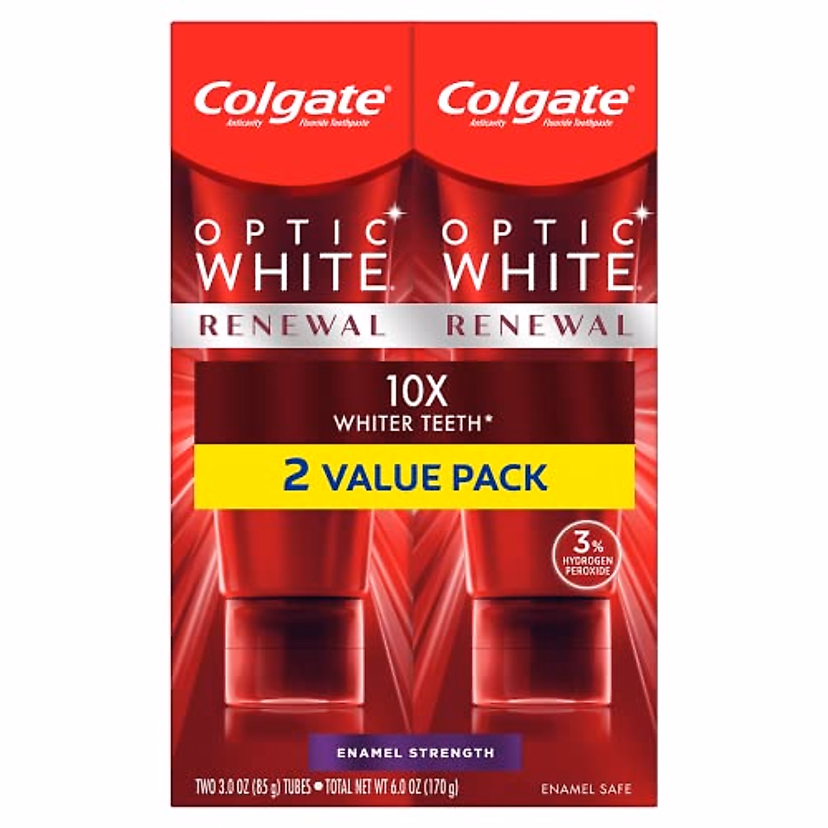 Colgate Optic White Renewal Teeth Whitening Toothpaste, Enamel Strength, 3 Oz Tube, 2 Pack