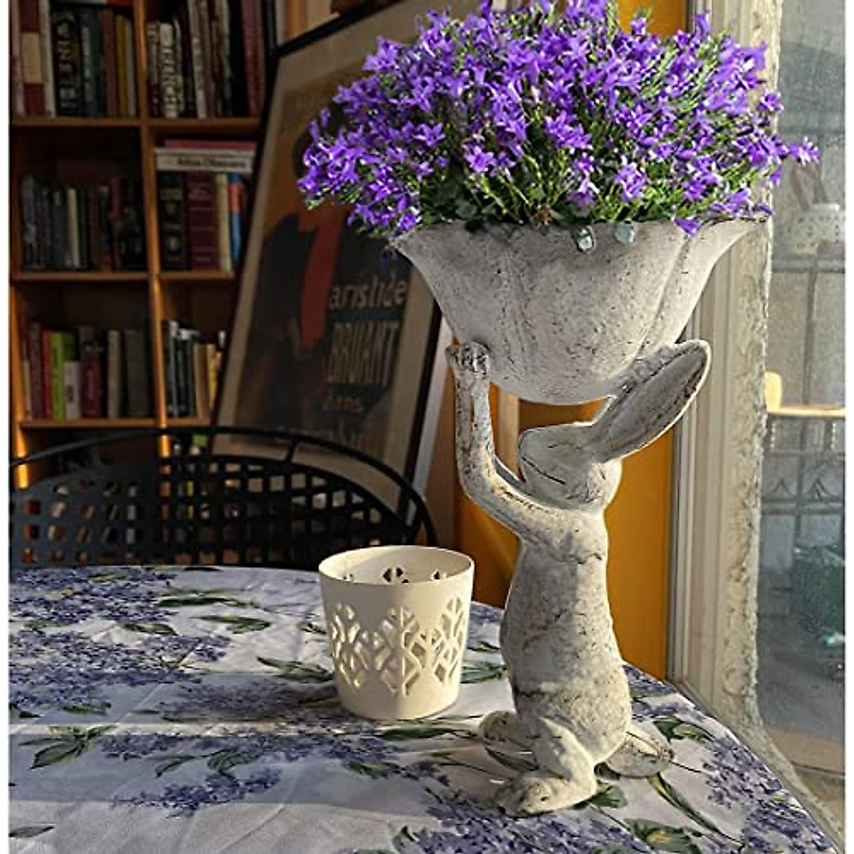 Antique White Cast Iron Rabbit with Flower Bird Feeder - 6 Inch Plant Pot or Feeder - (Cute Planter for Garden Decor for Outside)