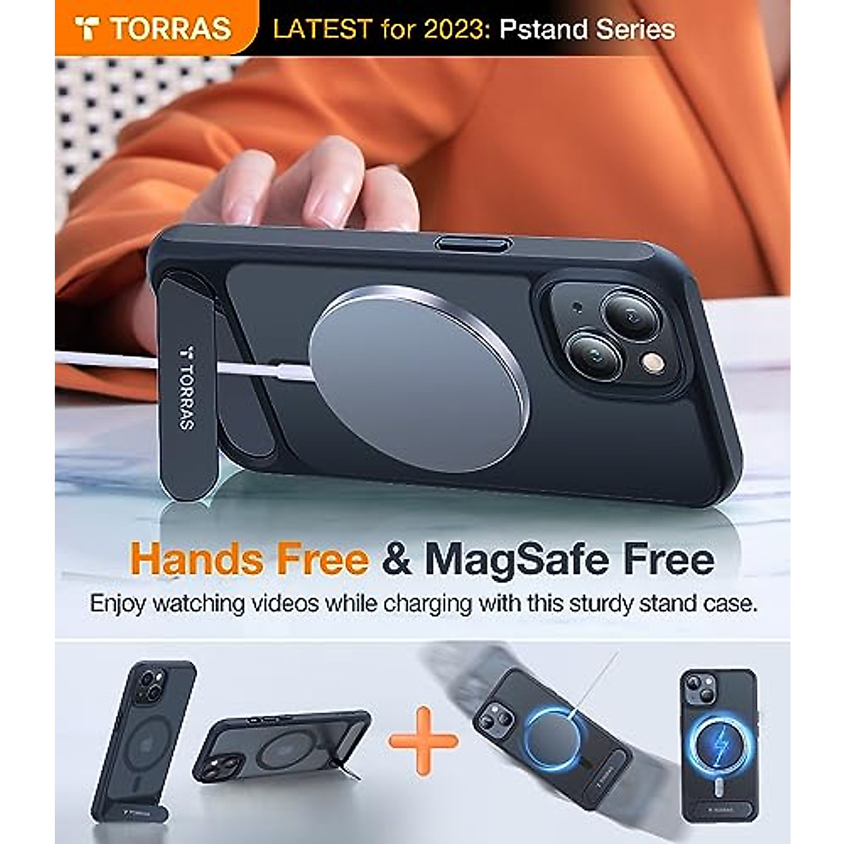 TORRAS Strong Magnetic Specialized for iPhone 13 Case with Stand, Compatible with MagSafe, Sturdy Built in Kickstand, Military Grade Drop Protection for iPhone 13 Phone Case, Translucent Matte Black