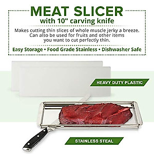 PRECISION MEATS Beef Jerky Slicer Kit - Superior 10" Butchers Carving Knife & Meat Slicing Cutting Board for Safe, Mouthwatering, Uniform Slices - Adjustable Thickness - Dishwasher Safe Jerky Maker