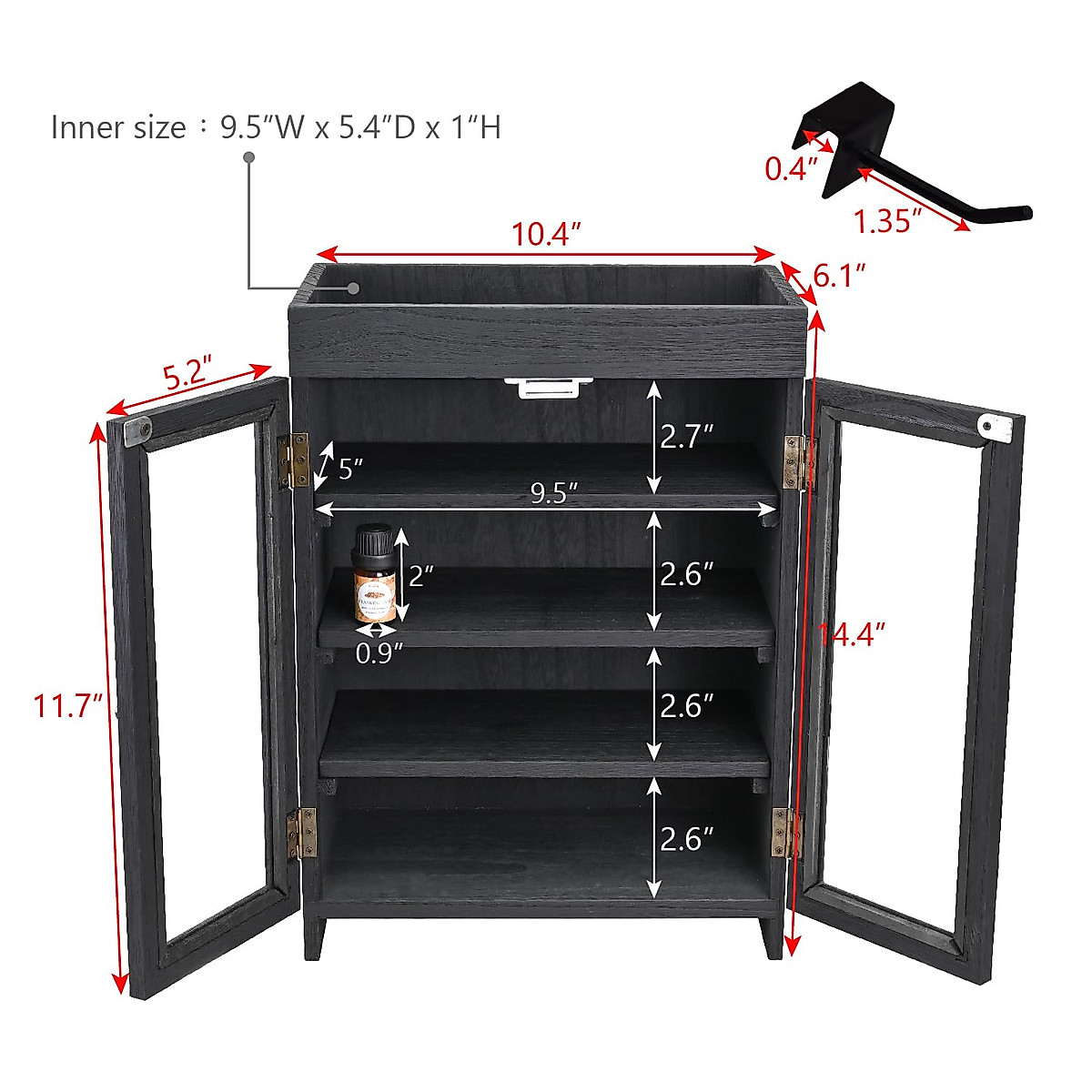 Ikee Design Small Wooden Countertop Storage Cabinet with Adjustable Shelves and Removable Hooks, Perfect for Perfume, Pantry, Essential Oil, 10.4W x 6.1D x 14.4H in, Black