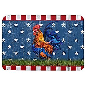 July 4th Bath Rugs Farm Chicken Stars Independence Day Holiday Sponge Doormat Absorbent Non Slip Backing Flannel Mat Wood Grain Red and White Stripe Memory Foam Mats for Bathroom24 x36