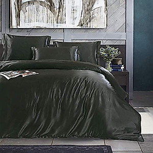 Ultra Soft Silk Like Satin 8 Piece Comforter Set ( Comforter + Duvet Cover + Flat Sheet + Fitted Sheet 15" Deep Pocket + 4 Pillow Cases ) Bedding Set Black , King
