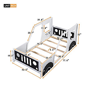 Twin Size Kids Bed, Classic Car-Shaped Platform Bed with Wheels, Wood Twin Montessori Floor Bed for Kids Boy Girls, Lightning McQueen Bed (White+Black)