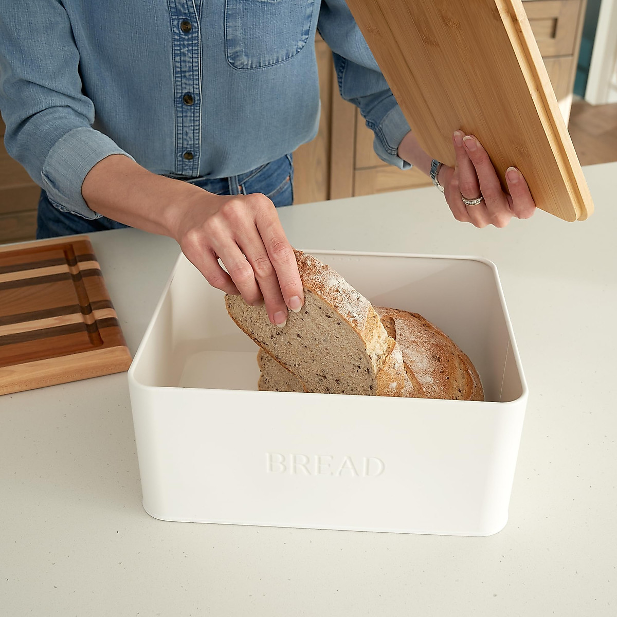 Beautiful Bread Box With Wooden Lid For Your Kitchen Countertop - Spacious Container Perfectly Stores Your Homemade Bread, English Muffins & Bagels - Quality Cutting Board Lid Keeps Your Bread Fresh