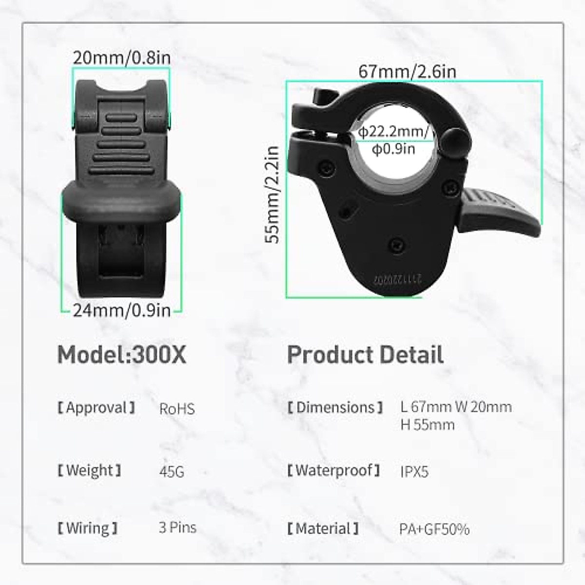 MUSELK E-Bike 300X Thumb Throttle 3PIN Female Waterproof Plug Throttle for 12V-72V BBS01 BBS02 Mid Motor Electric Bike Accelerator