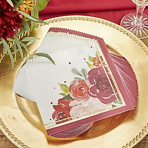 Kate Aspen Burgundy Blush Floral Paper Napkins, Thick Decorative Dinner Napkins, Luncheon Serveware, Perfect for Wedding Reception Or Bridal Shower,Gold and burgundy