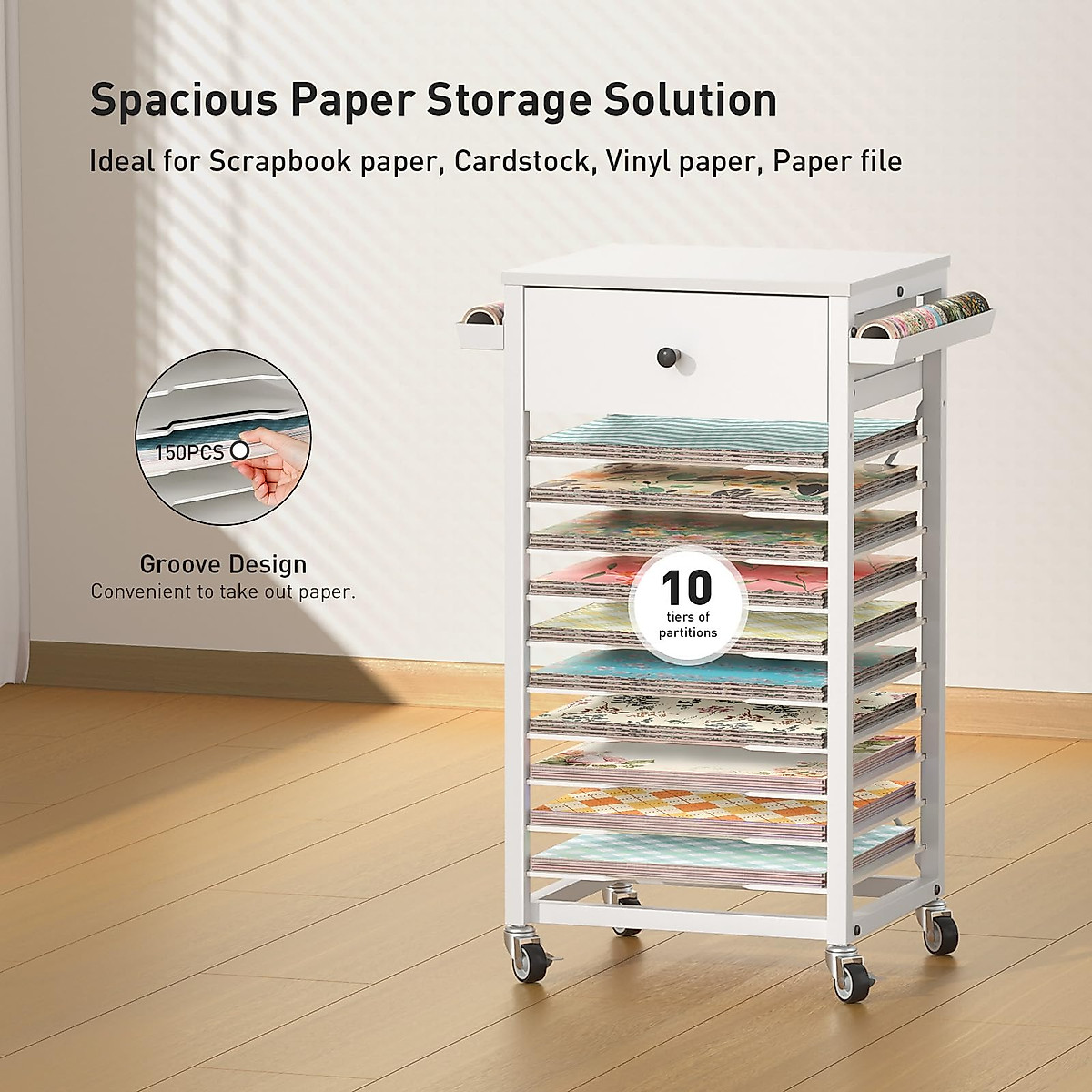Caydo 12x12 Paper Storage Organizer-10 Tier File Rolling Storage Cart with Drawer Crafting Table Organization Workstation for Craft Room Home