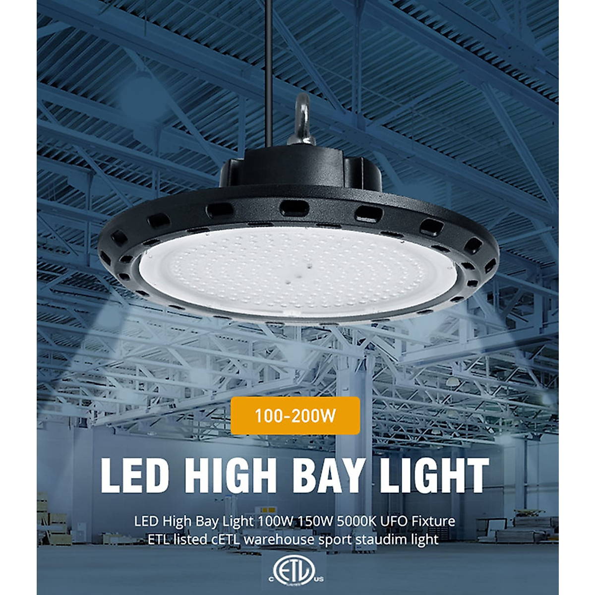 LED High Bay Light 100W 14,000lm 5000K Daylight White,ETL Certified LED Warehouse Light