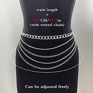 Bodiy Silver Crystal Waist Chain Jewelry Belt Sparkly Rhinestone Belly Chains Rave Body Jewelry for Women