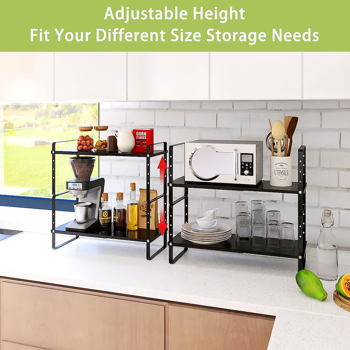 Across-Star Expandable Cabinet Shelf Organizer Rack, Stackable Kitchen Counter Storage Shelves Stand, Adjustable Height Pantry Shelf Spice Rack (Black, 2 Pack)