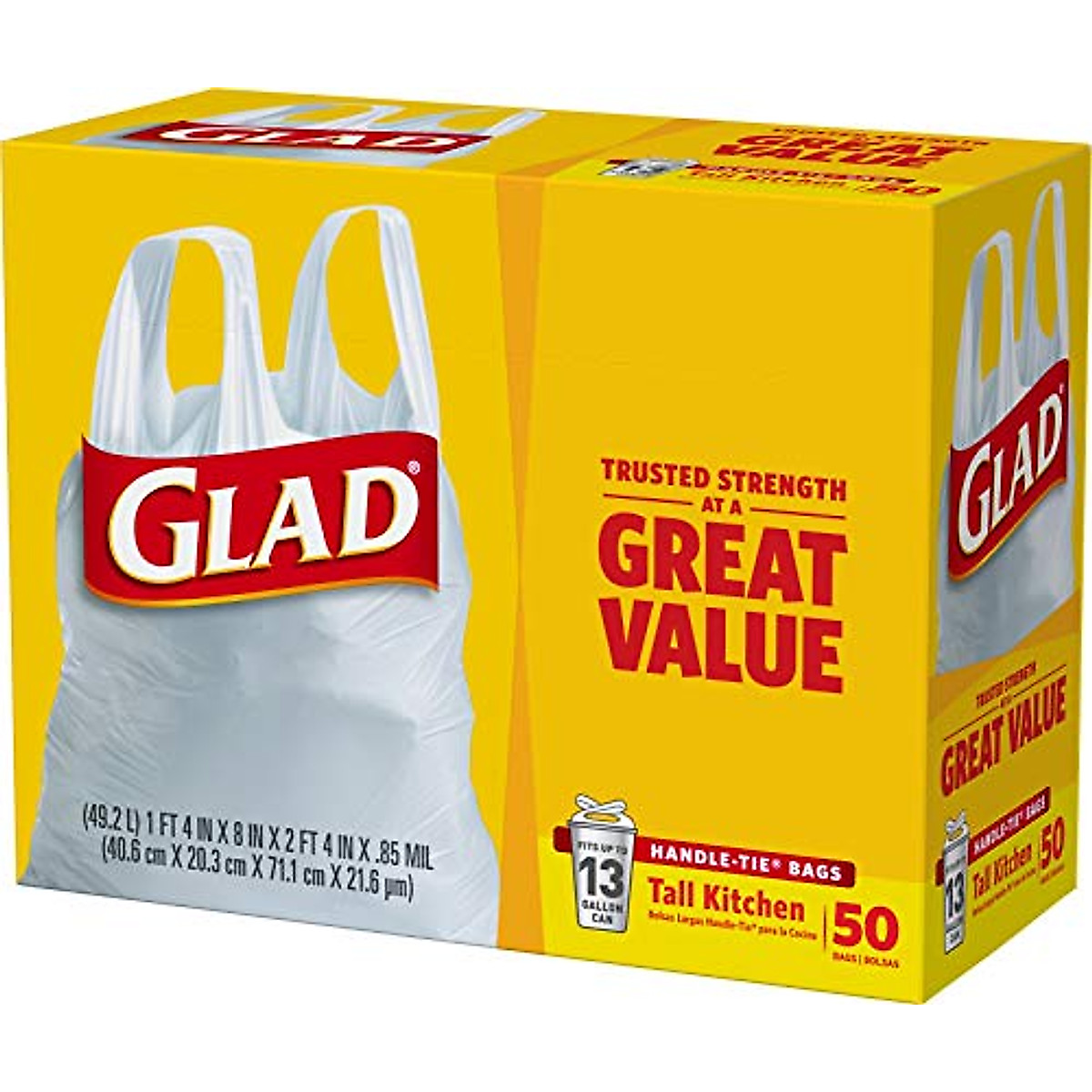 GLAD Tall Kitchen Trash Bags, 13 Gallon Handle Tie Trash Big for Kitchen, Unscented, 50 Count (Pack of 4)