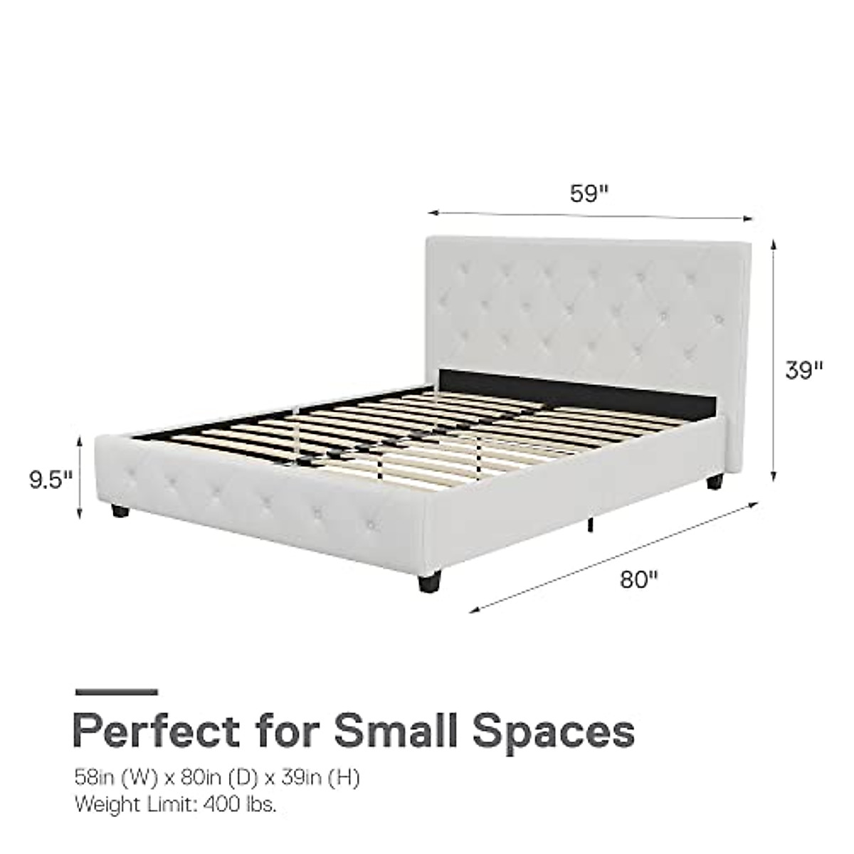 DHP Dakota Upholstered Platform Bed with Diamond Button Tufted Headboard and Footboard, No Box Spring Needed, Full, White Faux Leather