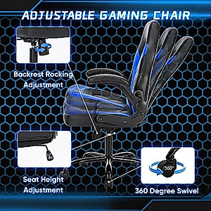OLIXIS Ergonomic Office Computer Gaming Chair with Lumbar Support Flip-up Arms Adjustable Height PU Leather Swivel with Wheels, 25.98D x 25.39W x 41.73H, Blue