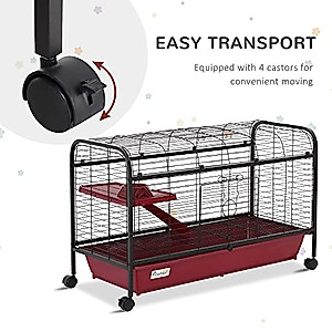 PawHut 41" L Small Animal Cage Rabbit Hutch Ferret Pet Play House with Feeder, Rolling Wheels, Platform, Ramp