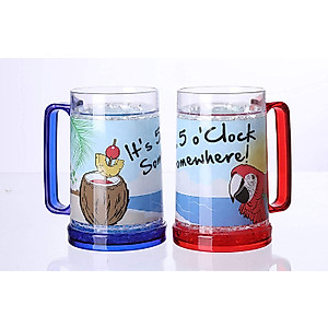 Easicozi It's 5 O'Clock Somewhere Party Parrot Double Wall Gel Frosty Freezer Ice Mugs Clear 16oz Set of 2