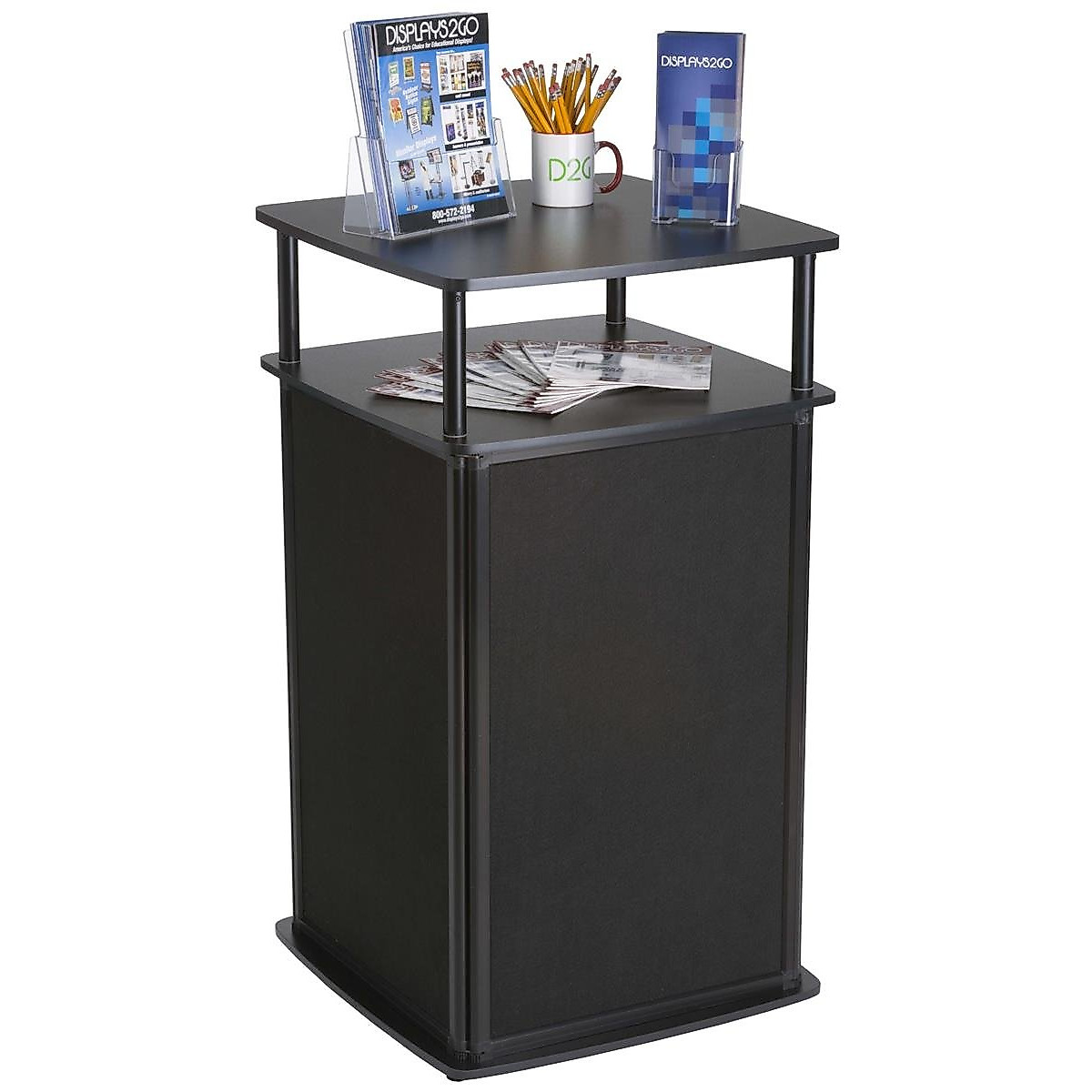 Displays2go Portable Trade Show Counter with Travel Bag, Locking Compartment - Foldable Booth Display Counter for Events - Black (LCTCNTBLK)