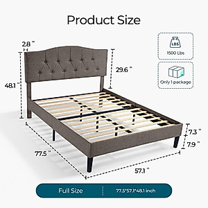 LINSY Full Size Bed Frame, Linen Upholstered Platform Bed Frame with Adjustable Headboard & Solid Wood Slat Support, Heavy Duty Platform Bed Full, NO Box Spring Needed, Noise-Free, Dark Grey