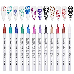 12 Color Metal Giltter 3D Nail Art Pens Set, Kalolary Nail Point Graffiti Dotting Pen Drawing Painting Liner Brush for DIY Nail Art Beauty Adorn Manicure Tools(E)