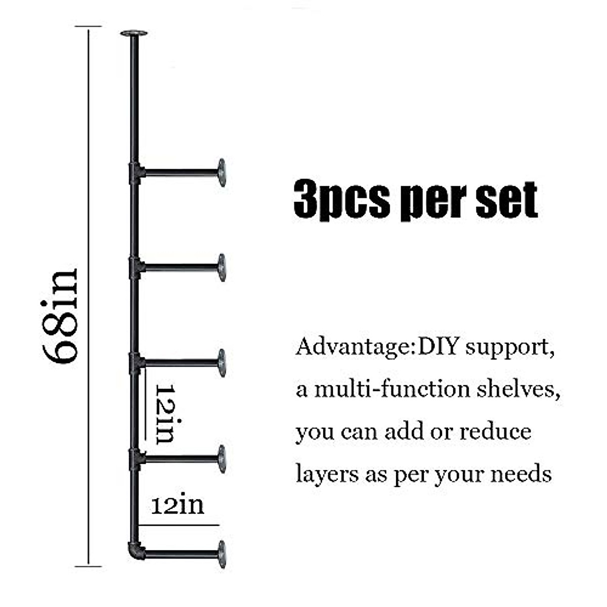 Kaler Black 5-Tier Industrial Pipe Shelves Piping Wall Bookshelf Easy to Install 68”H (3)