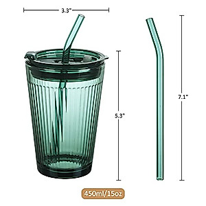 Joeyan Glass Tumbler with Straw and Lid,Green Glasses Water Cup with Straw,Colored Glass Drinking Jars for Juice Beverages Iced Coffee Tea Smoothie Soda Milk,15 oz,Set of 2,Dishwasher Safe