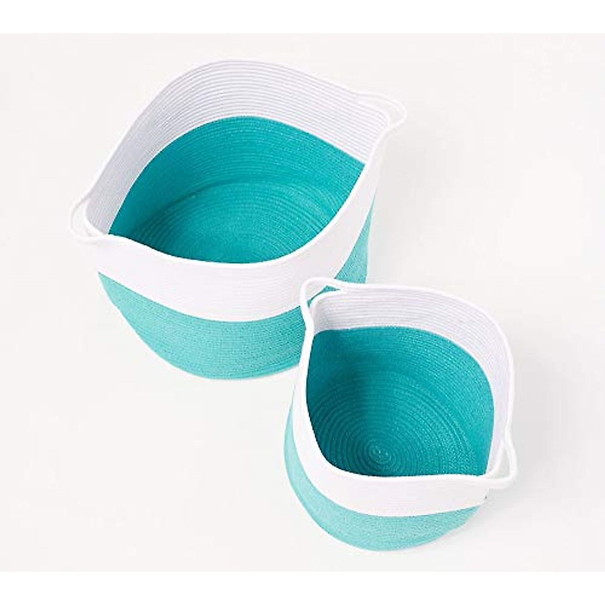 StorageWorks 100% Natural Cotton Rope Hand-Woven Basket- Two Color Design- White & Seaglass- 2 Pack