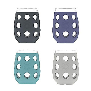 Lifefactory Wine Glass with Protective Silicone Sleeve, 4 Count (Pack of 1), Carbon, Dusty Purple, Aqua Teal, Stone Gray
