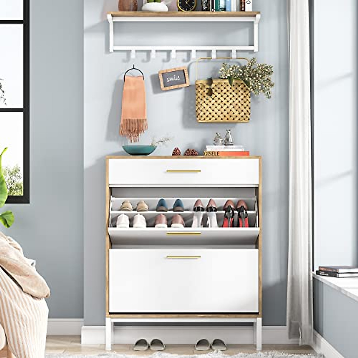 Tribesigns Shoe Cabinet 16 Pairs, Modern Slim 3 Flip Drawers Shoes Rack Storage Organizer with Coat Shelf, White Sneaker Holder Stand with Doors Thin Tipping Shoe Storage Cabinet for Entryway, Hallway