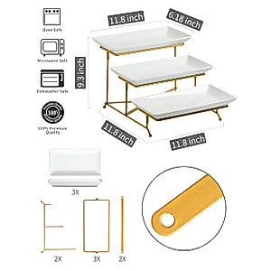 LAUCHUH 3 Tier Serving Stand Porcelain Serving Platter Tier Serving Trays with Collapsible Sturdier Rack, Serving Dishes and Platters for Thanksgiving, Christmas, Entertaining, Gold, 12 Inch