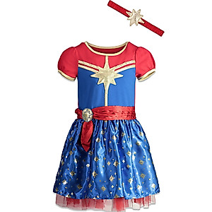 Marvel Avengers Captain Marvel Little Girls Tulle Cosplay Dress and Headband Red 7-8