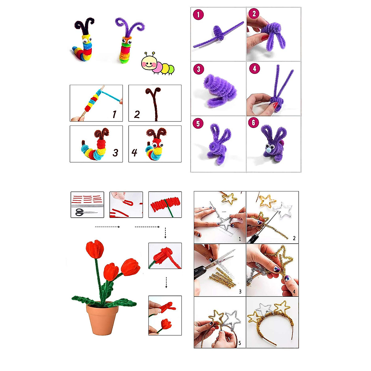 Pipe Cleaners Craft Set with DIY Tutorial, Included 200Pcs Multicolor Pipe Cleaners Chenille Stems, 200Pcs Pom Poms, 200Pcs Self-Sticking Wiggle Googly Eyes, for DIY Art Craft