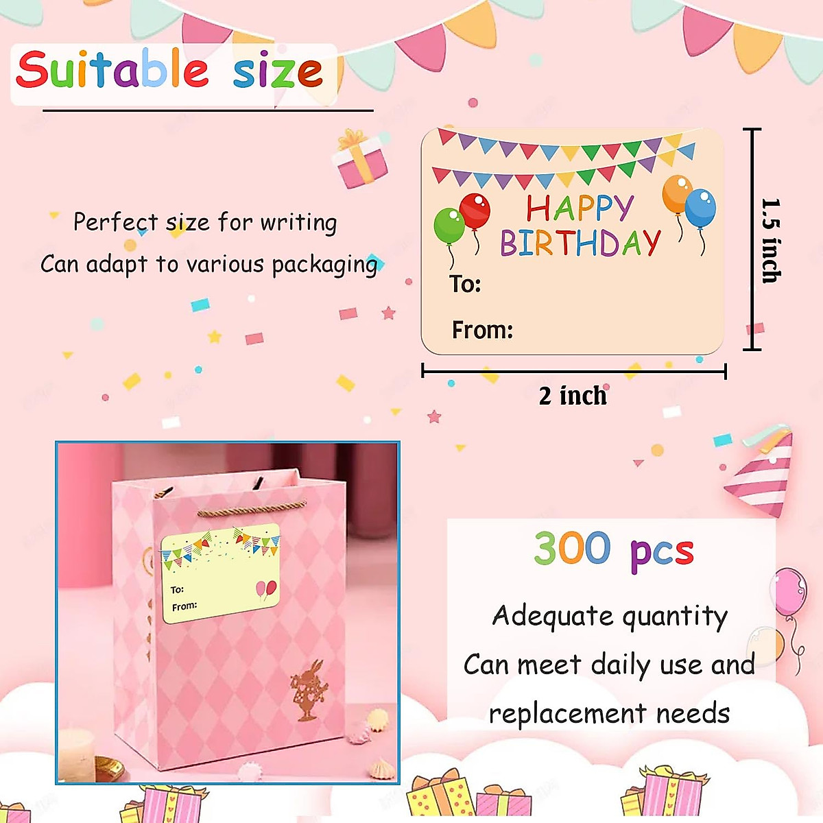Happy Birthday Gift Tags Name Tags Stickers 1.5 x 2 Inch - Rectangle Christmas to from Labels Present Stickers Festival Birthday Stickers for Kids Party Favors Envelope Packages Seals 300 Pcs