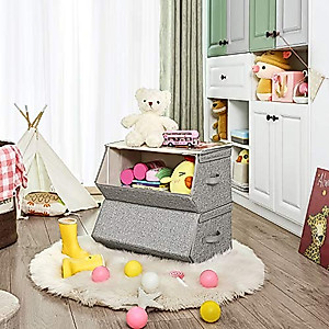SONGMICS Stackable Storage Bins, Set of 2 Fabric Storage Boxes with Lids, with Magnetic Closures, Lid Can Stay Open after Stacking, ‎19.7 x 13.8 x 9.8 Inches, Light Gray URLB03GY