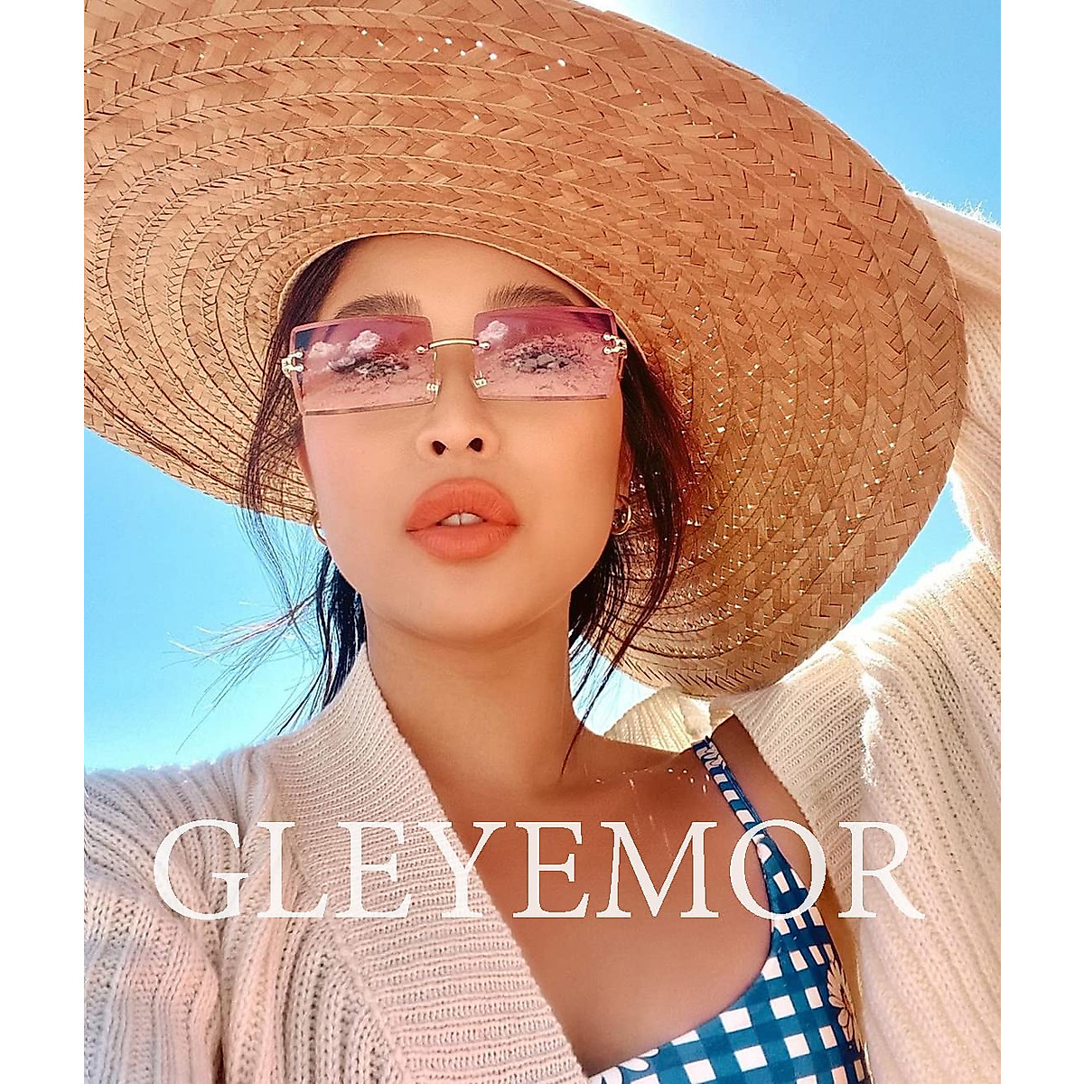 Gleyemor Rimless Rectangle Sunglasses for Women Mens Fashion Vintage Frameless Square Glasses with Gradient Lens (Gradient Purple)