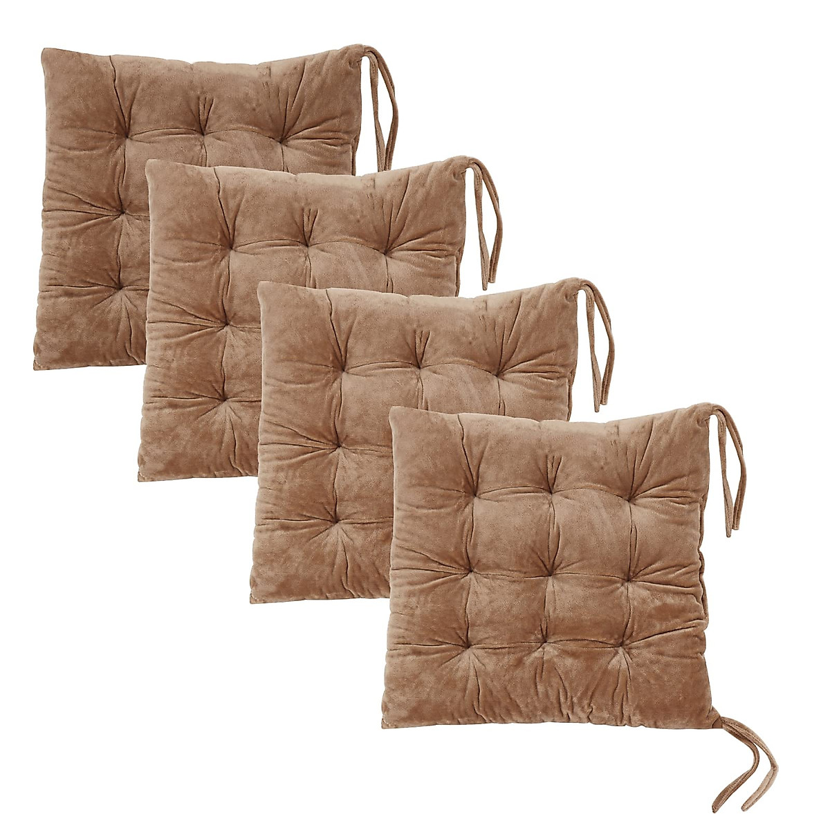 Set of 4 Square Chair Pads Indoor Seat Cushions Pillows with Ties Soft Comfortable Non Slip Chair Mat for Kitchen Dining Office Desk Living Room Outdoor Tatami 15.5" - Khaki