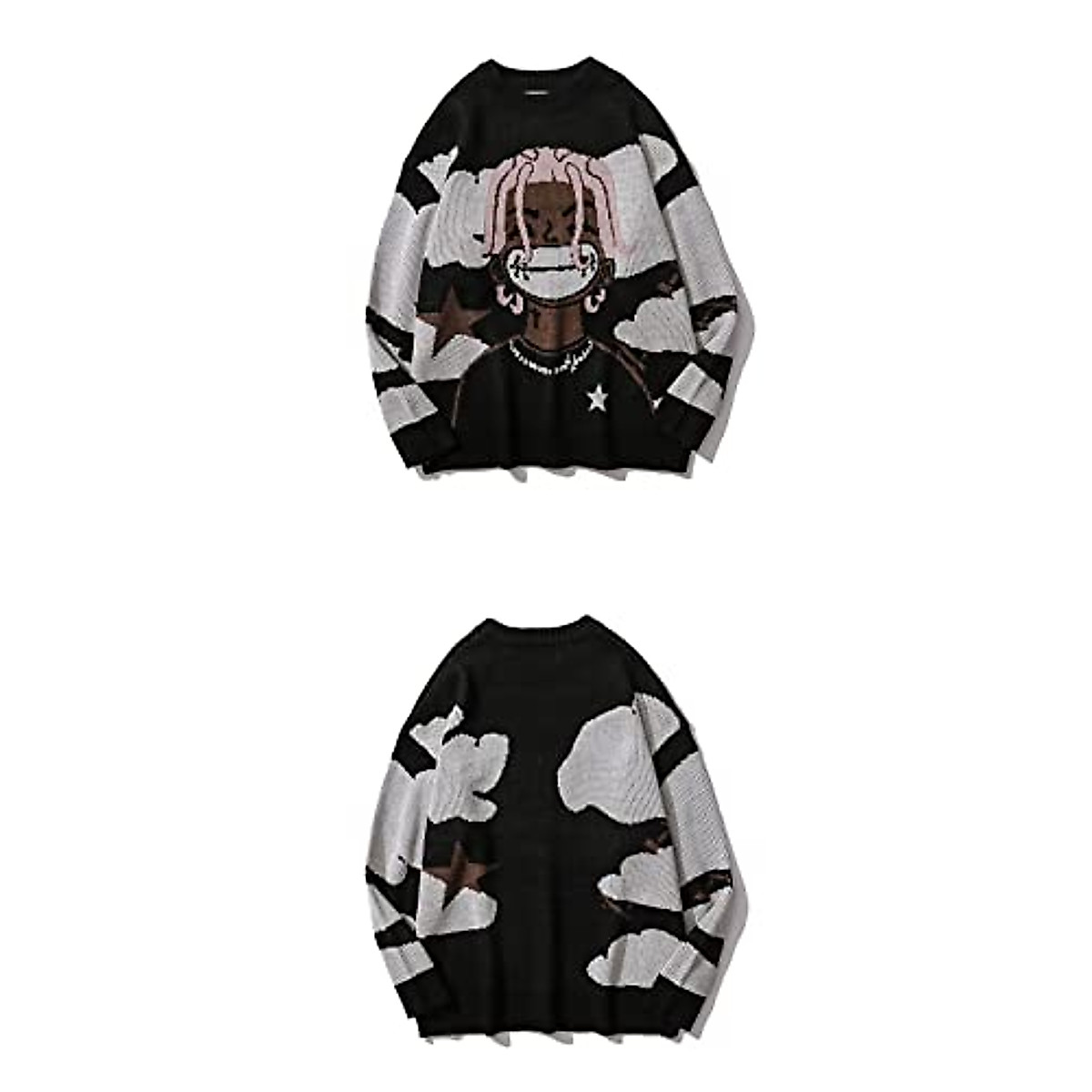 Cartoon Anime Knitted Sweater Men Winter Oversized Men's Rock Hip Hop Rap Pullover Women Jumper Ugly Sweater (Black,L,Large)