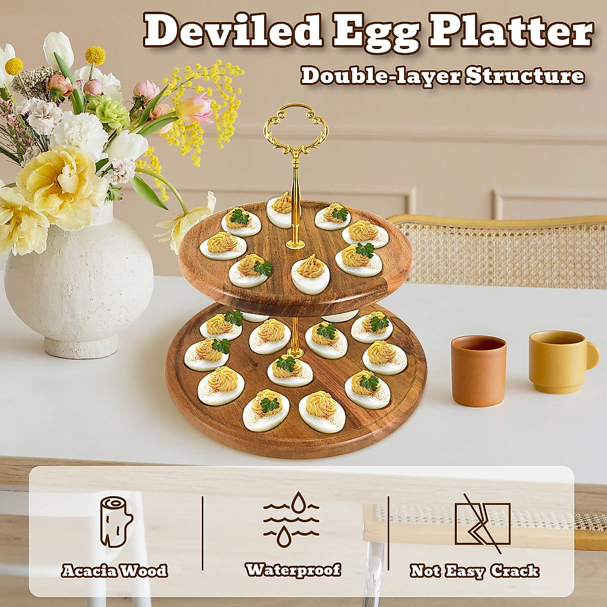 Honitra Double Wooden Deviled Egg Platter, 22 Holes Deviled Egg Plate, Reversible Deviled Egg Tray, Front as Easter & Thanksgiving Deviled Egg Container, Back as Cupcakes Stand & Serving Tray