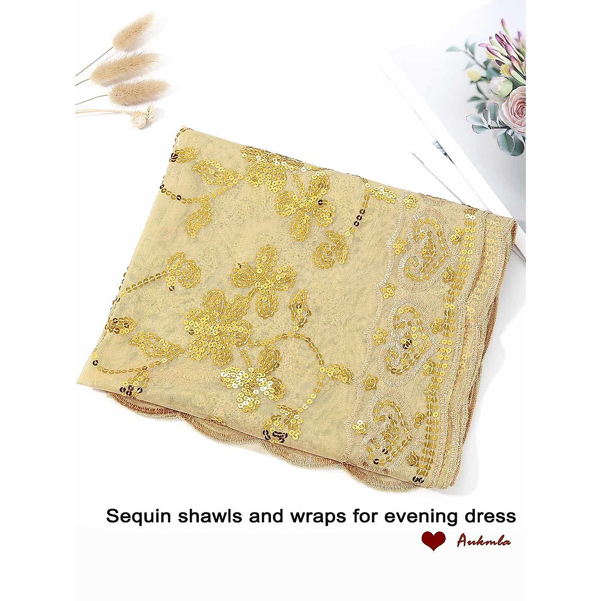 Aukmla Sequin Shawls and Wraps for Evening Dresses 1920s Lace Scarf Wedding Spakle Cape Cover Up Wedding Accessories(A Gold)