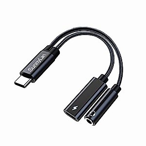 SunnyLan USB C to 3.5mm Headphone and Charger Adapter, 2-in-1 USB C to AUX Mic Jack with USB C PD 60W Fast Charging,Compatible with Galaxy S23 S22 Note 20 S21 Ultra S21+ FE, Pixel 5/3/4 XL (Black)