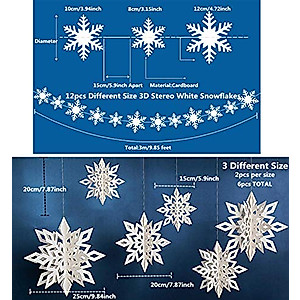 24Pcs Snowflake Christmas Hanging Party Decor Supplies,12 PCS 3D Silver Snowflakes & 12PCS 3D White Paper Snowflakes Hanging Garland for Christmas Winter Holiday New Year Wonderland Party Decoration