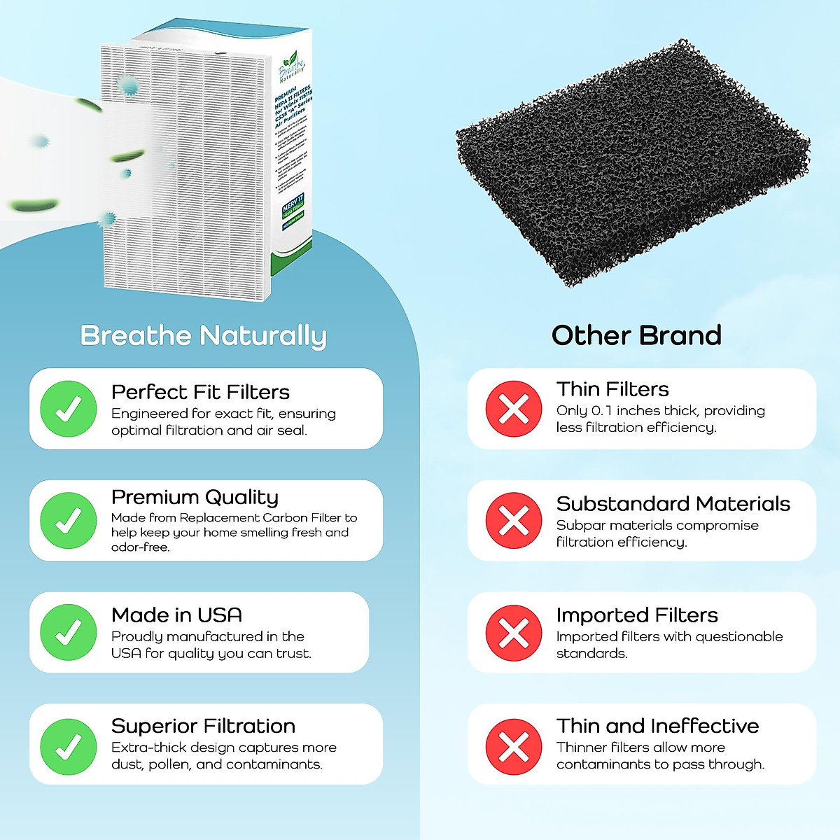 Breathe Naturally Replacement Filters Compatible with Winix C535, Plasmawave 5300, 6300 and Aeramax 300/290 Air Purifiers - True HEPA Filters for Home Purifiers - 12.6" x 16.3" x 1.25" (1 HEPA Filter)